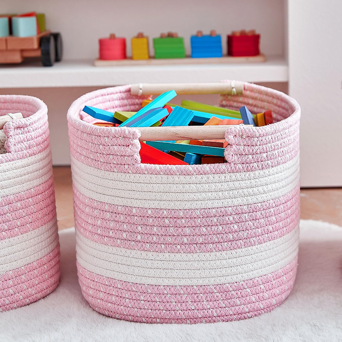 R RUNKA 3 Pack Storage Basket for Cabinet and Toy Organization - 13"x9.8"x8.7" Pink Baskets for Girls - Baby Toy Bin - Toy Storage Organizer - Ideal for Empty Gift Baskets to Fill -White & Pink