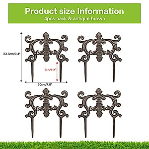 Sungmor 4PC Small Garden Fence 9.4in. Tall Cast Iron Picket Fence, Heavyweight Outdoor Landscape Edging Low Border, Pretty Antique Brown Pattern, Stake Decorative Metal Fence Panel for Lawn Flowerbeds