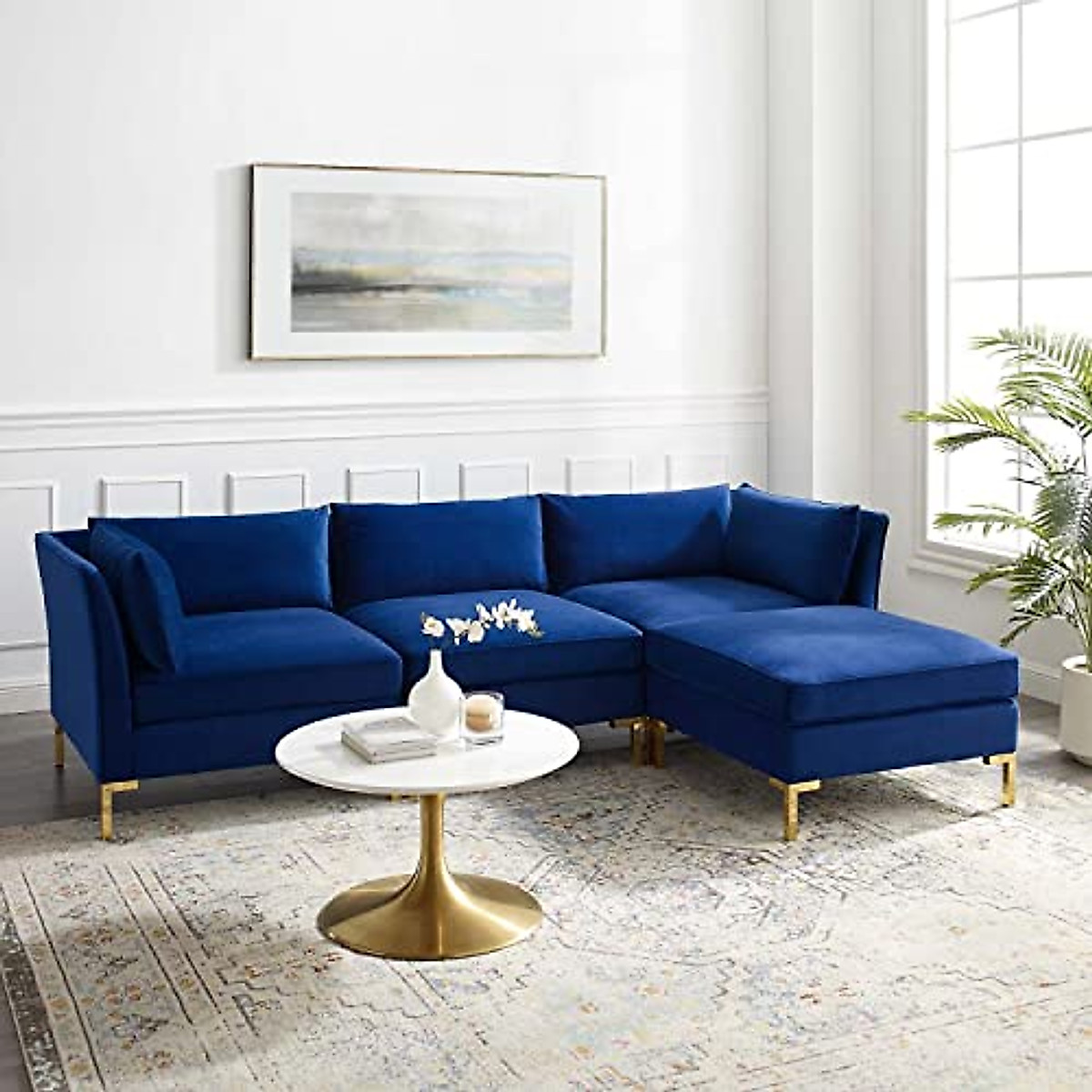 Modway Ardent 4-Piece Performance Velvet Sectional Sofa, Navy