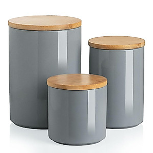 Sweejar Ceramic canisters for kitchen counter,Stackable Food Containers Set with Airtight Seal Bamboo Lid for Serving Ground Coffee, Tea, Spice, Flour and Sugar-Set of 3 (Gray)