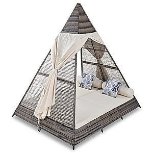 Outdoor Sunbed with Cushions and Colorful Pillows,Tent Shape Wicker Patio Daybed 90.5" Length Lounge Bed for Patio Lawn Garden Backyard Porch Pool（Brown + Beige）