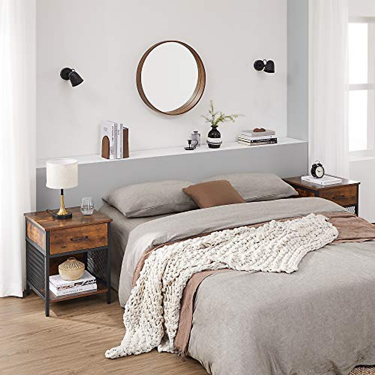 VASAGLE VINCYER Nightstand, Bedside Table, with 1 Drawer and Open Compartment, Steel Frame, Industrial, 17.7 x 17.7 x 21.7 Inches, Rustic Brown