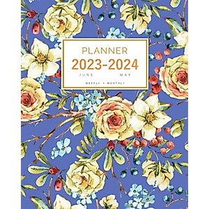 Planner 2023-2024: 8x10 Weekly and Monthly Organizer Large from June 2023 to May 2024 | Vintage Rose Wildflower Berry Design Blue