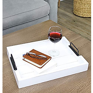 AuldHome Rustic Wood Serving Tray; White Wooden Farmhouse Shiplap Decorative Ottoman Tray with Black Metal Handles, 17 x 13 Inches