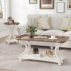 Function Home Farmhouse Coffee Table, Modern Cocktail Table with Storage Shelf, Sofa Table with Natural Tray Top and Carved Legs for Living Room, Bedroom, Dining Room in Vintage White