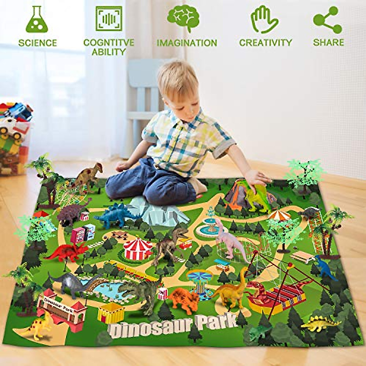 Dinosaur Toys Playset with Activity Play Mat for Kids,Realistic Dinosaur Figures, Trees,Creating a Dino World Including, Birthday Gift for Boys and Girls Ages 3 4 5 6 Years Old