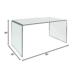 Neos Modern Furniture Bent Glass Computer Desk Contemporary Rectangular Shaped PC Laptop Workstation Study Table Home Office Writing for Small Spaces, Better Than Acrylic or Lucite, 50" L, Clear