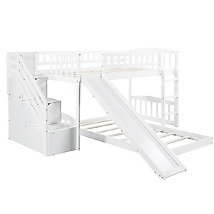 Harper & Bright Designs Twin Over Twin Bunk Beds with Slide and Stair, Solid Wood Low Bunk Bed with Storage Drawers and Guardrails for Kids Teens Bedroom, Guest Room Furniture (No Box Spring, White)
