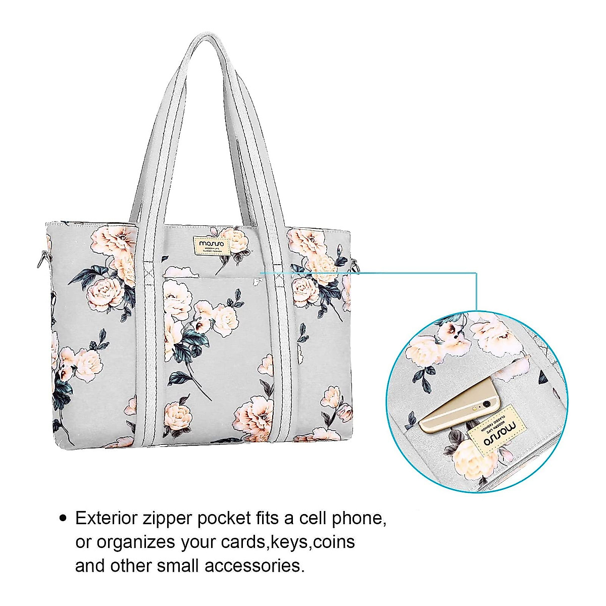MOSISO Laptop Tote Bag for Women (17-17.3 inch), Canvas Camellia Multifunctional Work Travel Shopping Duffel Carrying Shoulder Handbag, Grey