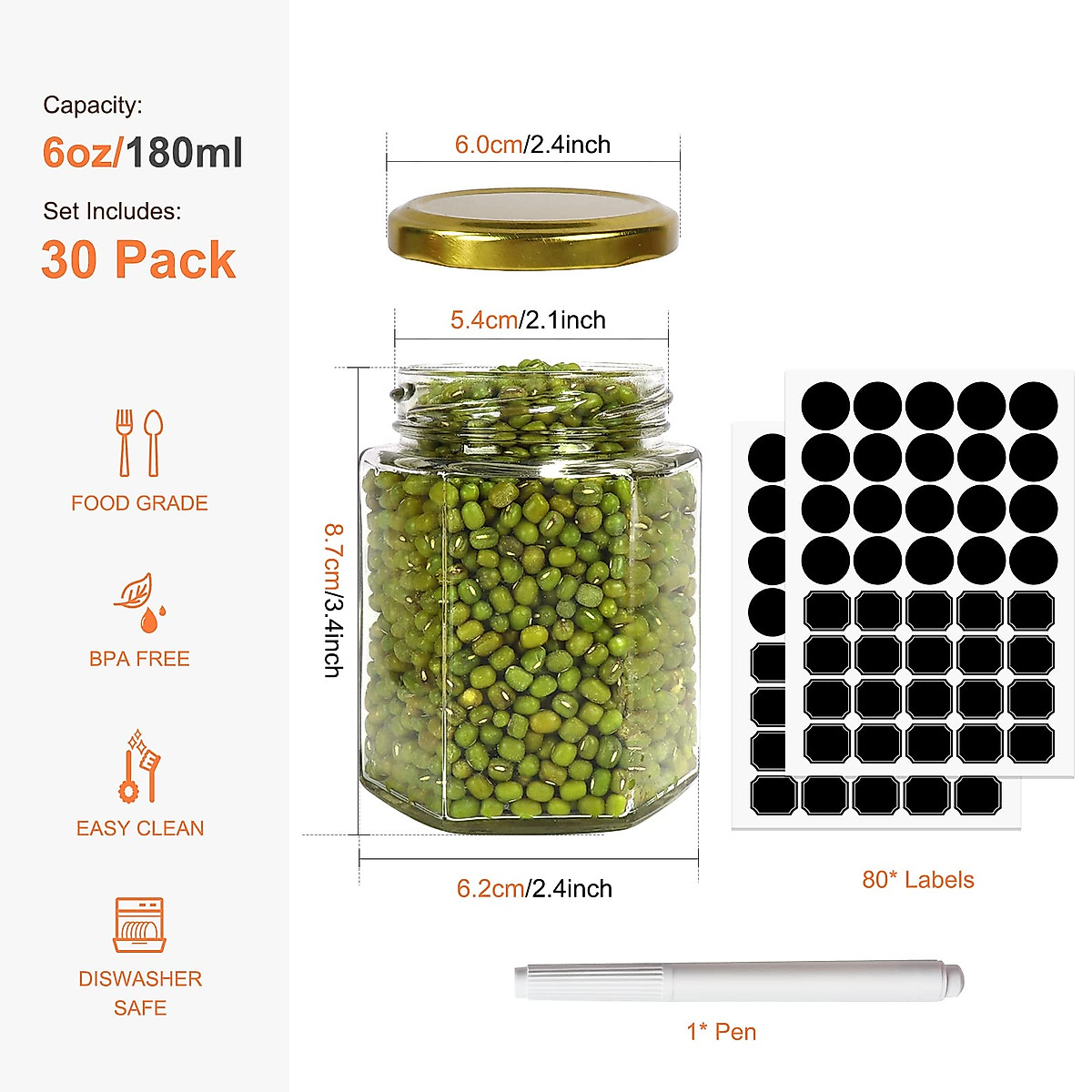 Betrome 30 Pack 6oz Hexagon Glass Jars with Gold Lids, 180ml Clear Glass Canning Jars Honey Jars Spice Jars Mason Jars for Jams, Shower Favors, Wedding Favors, Craft, 1 Pen and Labels Included