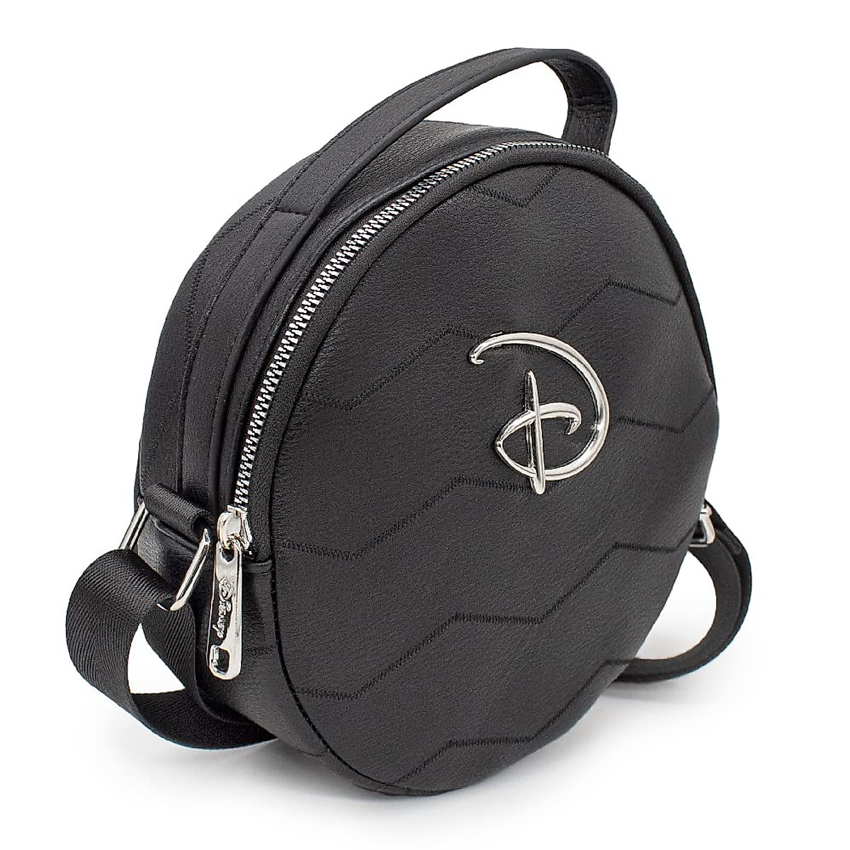 Disney Bag, Cross Body, Round, Signature D Logo, Silver Emblem, Chevron Zig Zag Stitch, Black, Vegan Leather
