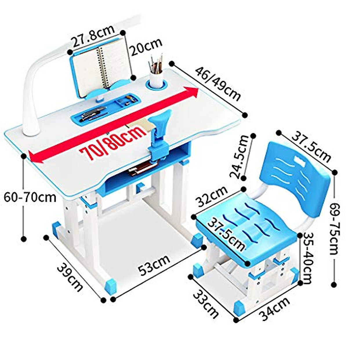 Children's Combined Study Desk and Chair Set, Height Adjustable Home School Use Anti-Reflective Children Study Table with LED Light/Reading Board/Pull-Out Drawer 80 x 49cm (Pink)