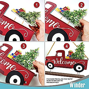 Winder Welcome Sign & Home Sign for Front Door 2-Side Rustic Red Truck Decor with 10-PC Interchangeable Holiday Icons for Spring Easter 4th of July Fall Harvest Halloween Christmas Seasonal Wall Hanging & Table Decorations(2-Side Red Truck)