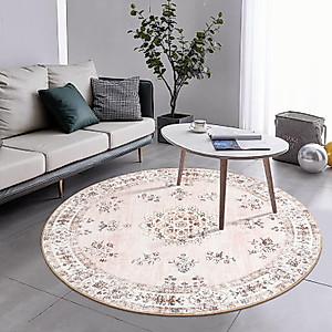 Lahome Washable Pink Round Rug 4ft, Soft Boho Circle Rug for Nursery and Girls, Small Floral Round Area Rug Non-Slip, Pastel Circular Carpet for Bedroom Indoor Floor Home Office Decor