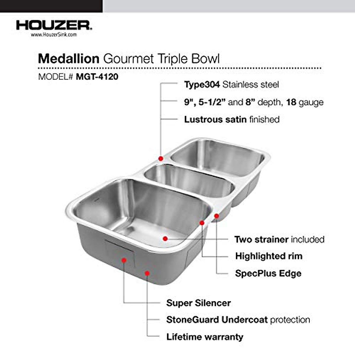 Houzer MGT-4120-C Kitchen Sink with Accessory Combo Pack, Stainless Steel