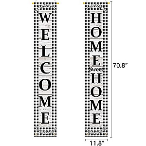 DUDOU Welcome Home Sweet Home Porch Sign Black White Buffalo Plaid Check Hanging Door Banner Farmhouse Outdoor Holiday Decoration