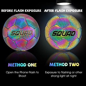 SQUAD Holographic Reflective Soccer Ball Size 5 - Reflective Glowing Ball for Night Games & Training - Durable PU Leather and Rubber Airbags - Cool & Unique Gift for Soccer Fans
