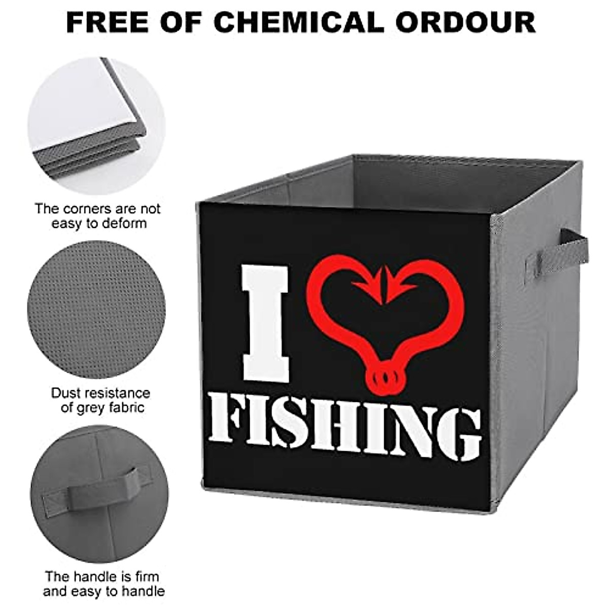 I Love Fishing Hook Foldable Storage Bins Printd Fabric Cube Baskets Boxes with Handles for Clothes Toys, 11x11x11