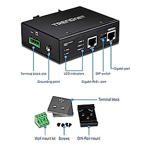 TRENDnet Hardened Industrial 60W Gigabit PoE+ Injector, DIN-Rail Mount, IP30 Rated Housing, Includes DIN-Rail & Wall Mounts, TI-IG60,Black