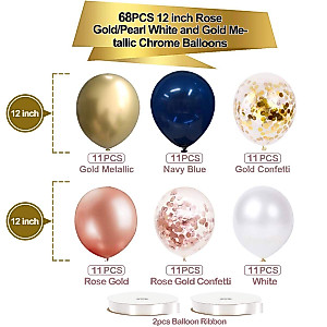 68 Pack Navy Blue Rose Gold Confetti Latex Balloons, 12 inch Birthday Balloons with 65 Feet balloon Ribbon for Birthday Party Wedding Graduation Bridal Shower Decorations