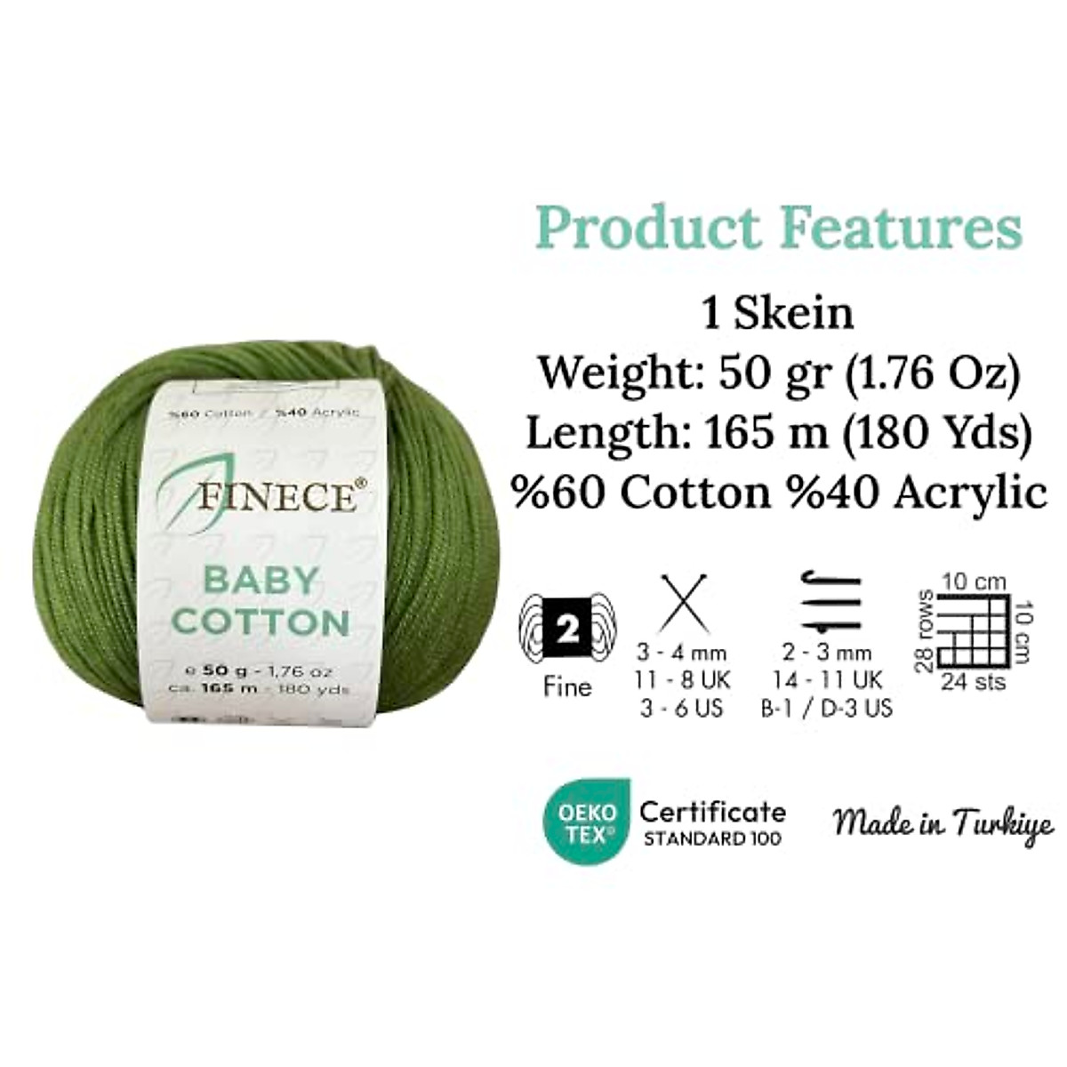 FINECE Baby Cotton, 60% Cotton 40% Acrylic Yarn, Fine (2) for Crochet and Knitting 2 x 1.76 Oz (2 x 50g) / 2 x 180 Yrds (2 x 165m), Soft Yarn, Amigurumi Yarn (2 Skeins, 3049 - Green)