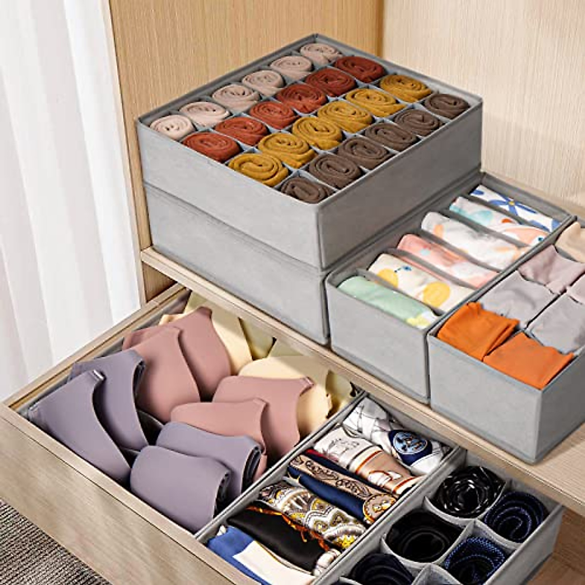 9 Pack Sock Underwear Drawer Organizer Dividers, 122 Cells Fabric Foldable Dresser Drawer Organizers for Bra, Sock, Undies, Belt, Tie, Scarf