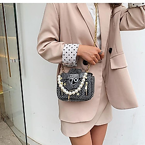 Classic Polka-dot Style Cross Body Bag for Women with Pearl Band, PU Leather Hip-hop Style Chain Handbags (Black)