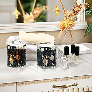 Gredecor 4 Pack Qtip Dispenser Apothecary Jars Bathroom Organizer, Romantic Pink Gold Flowers Black Qtip Holder Storage Canister Plastic Acrylic Jar for Cotton Ball/Swab/Rounds