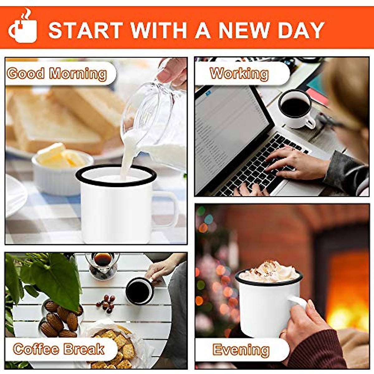 TeamFar Coffee Mug Set of 6, 12 oz Enamel Mug White Tea Camp Drinking Cups Mugs Vintage for Camping Picnic Home Use, Non Toxic & Portable, Classic Design & Easy Clean