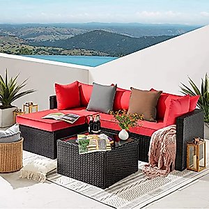 Pretzi 5 Pieces Patio Furniture Sets, Outdoor Sectional Sofa, All Weather Rattan Wicker Couch with Washable Cushions and Glass Table, Patio Conversation Set for Porch Backyard Garden Pool Deck Balcony