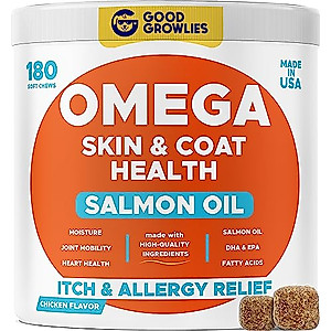 Omega 3 Alaskan Fish Oil Treats for Dogs (180 Ct) - Dry & Itchy Skin Relief + Allergy Support - Shiny Coats - EPA&DHA Fatty Acids - Natural Salmon Oil Chews Promotes Heart, Brain, Hip & Joint Support