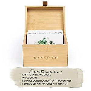 Pera Blanca Recipe Box with Cards and Dividers | Recipe Card Box Faux Leather Handle | 50 Eucalyptus Patterned Recipe Cards and Box Set | Wooden Recipe Box | Housewarming Gifts | Wood Recipe Box 4x6
