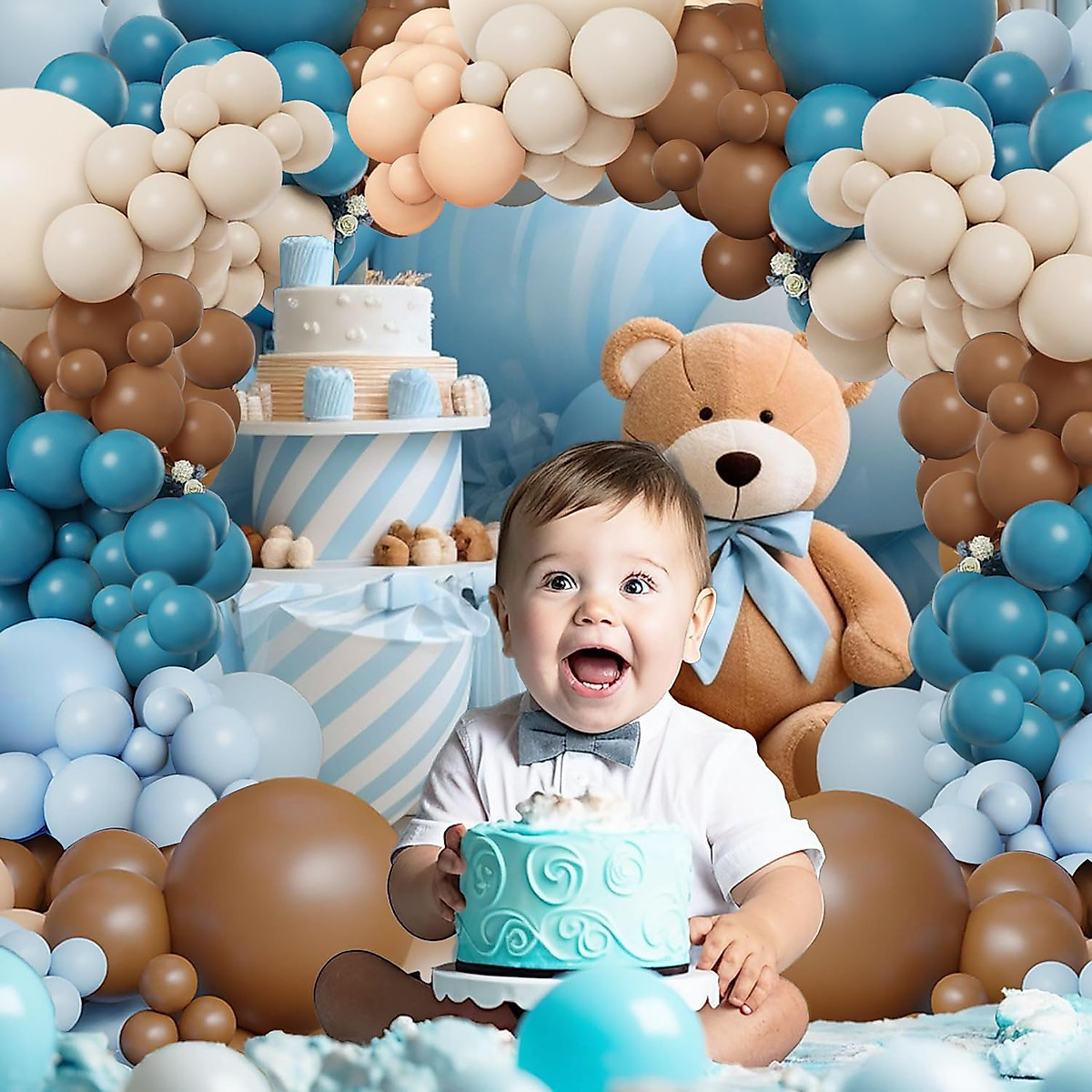 Dusty Blue Brown Balloons Arch Kit, Pastel Blue Blush Sand White Neutral Balloons Garland Kit for Boy Baby Shower Teddy Bear Boho Birthday Party Decorations