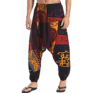 perdontoo Men Women's Harem Pants Drawstring Elastic Waist Aladdin Boho Hippie Drop Crotch Trousers (38, Style 1)