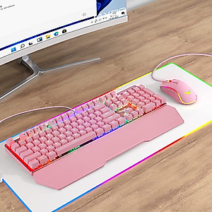 Havit Mechanical Keyboard and Mouse Combo RGB Gaming 104 Keys Blue Switches Wired USB Keyboards with Detachable Wrist Rest, Programmable Gaming Mouse for PC Gamer Computer Desktop (Pink) (Renewed)