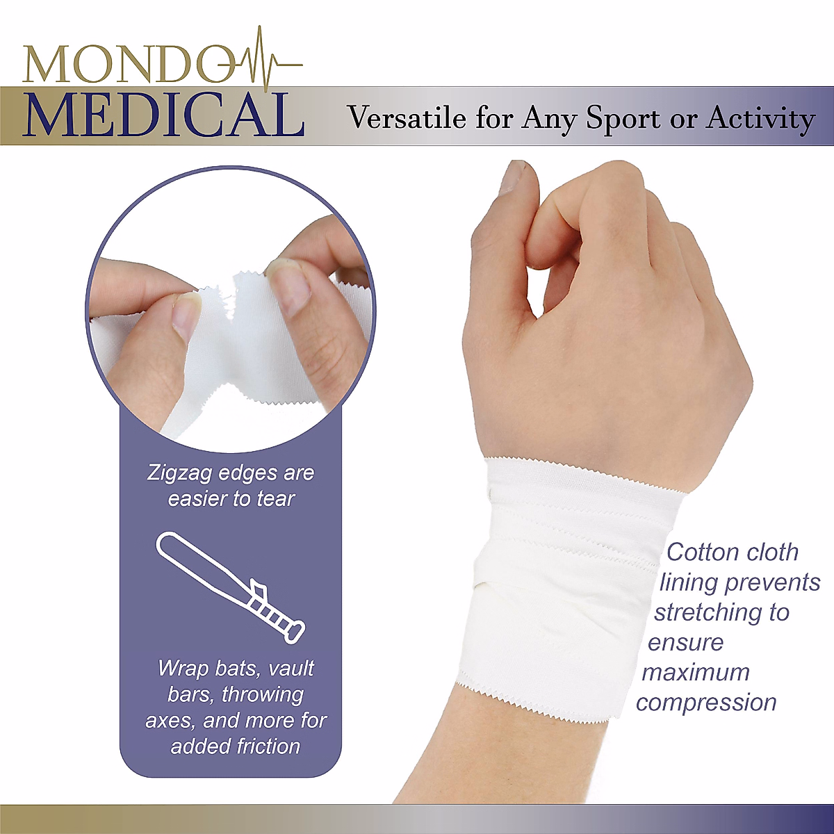 Mondo Medical Kinesiology Tape Uncut 1.5in x 45ft Rolls 3-Pack - White Athletic Tape for Skin Muscle Sports Body Tape