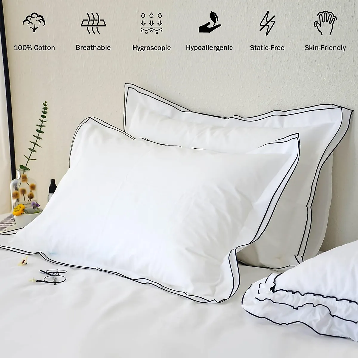 RANZNAZ Set of 2 Elegant Embroidery Pillowcases, Queen Size, 100% Cotton - White Good Feeling Shams, Elegant Trims, Softer and Breathable Pillow Covers, 20x30 inches