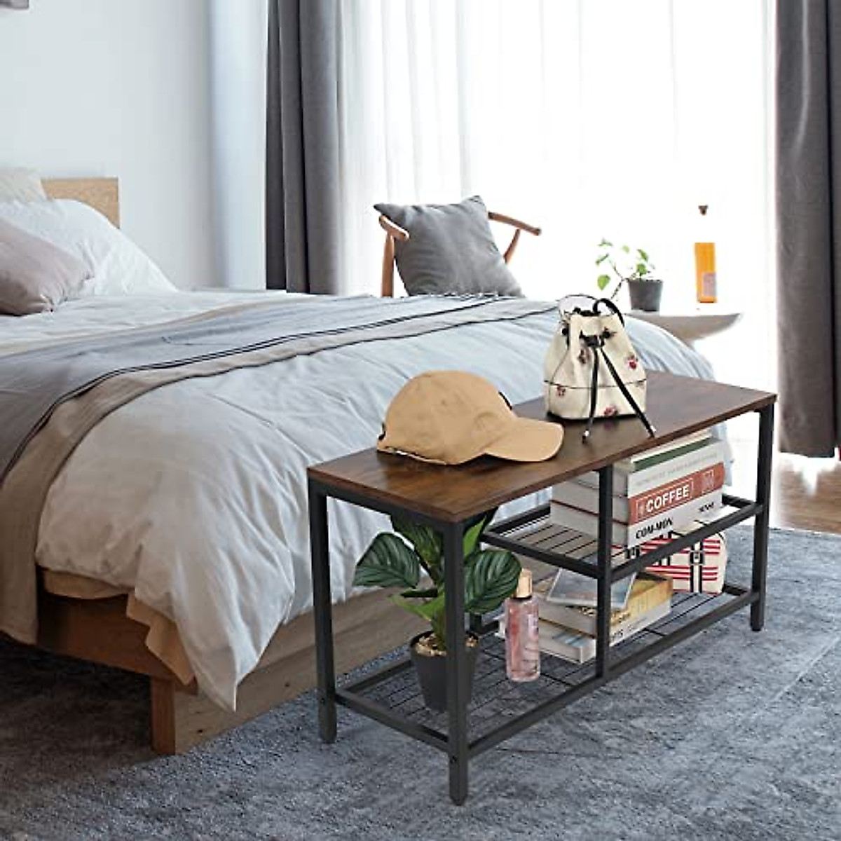 ALUPOM Shoe Bench Rack,32 Inch Narrow Shoe Rack with Shelf,3-Tier Steel Storage Bench for Entryway,Living Room,Foyer