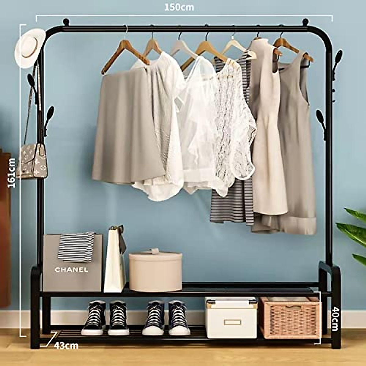 YCWO Flooring Clothes Rack Black Modern Simple Heavy Metal Rack Retail Display Rack with Storage Rack Retro Iron Tube Flooring Display Rack Clothes Shoes Package Storage,150x43x161cm
