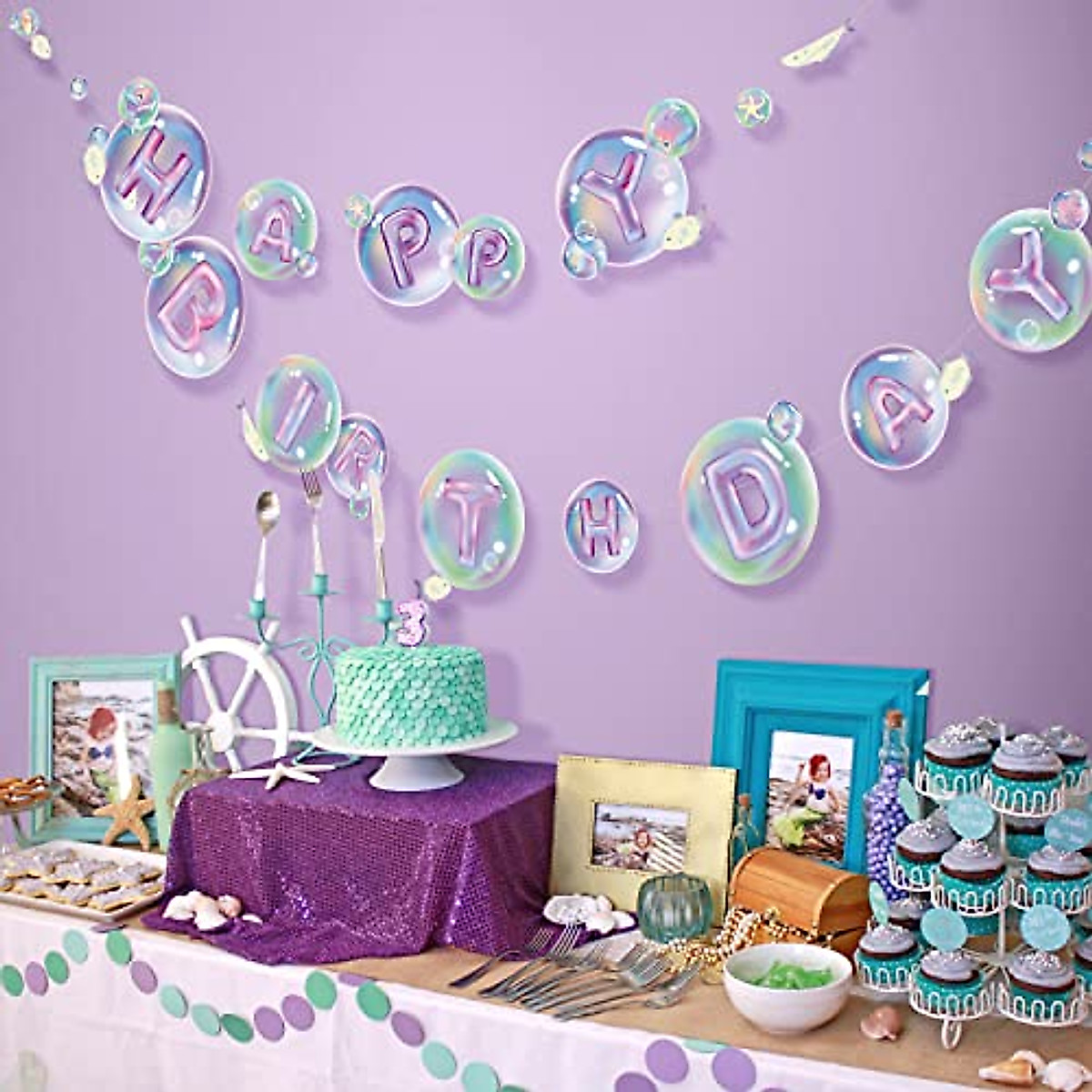 Decor365 Little Mermaid Happy Birthday Banner Under The Sea Theme Party Decorations Ocean Theme Little Mermaid Bubble Garland Fish Coral Bday Garland for Girls Birthday Party Decoration