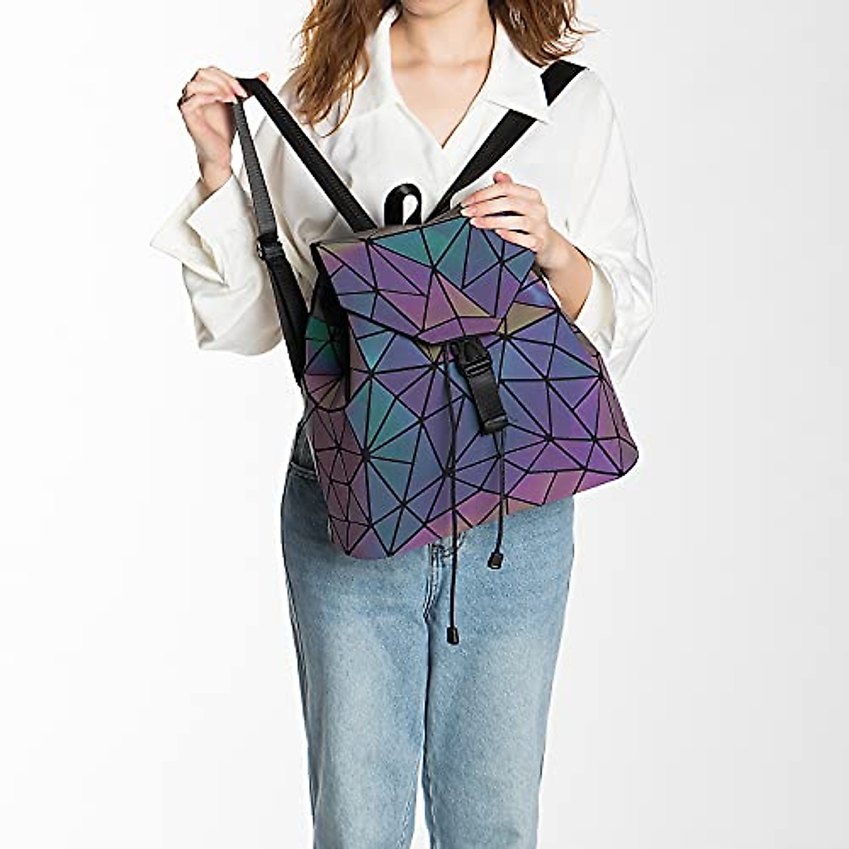 Lieseh Women's Geometric Holographic Glow Backpack Party Style Picks