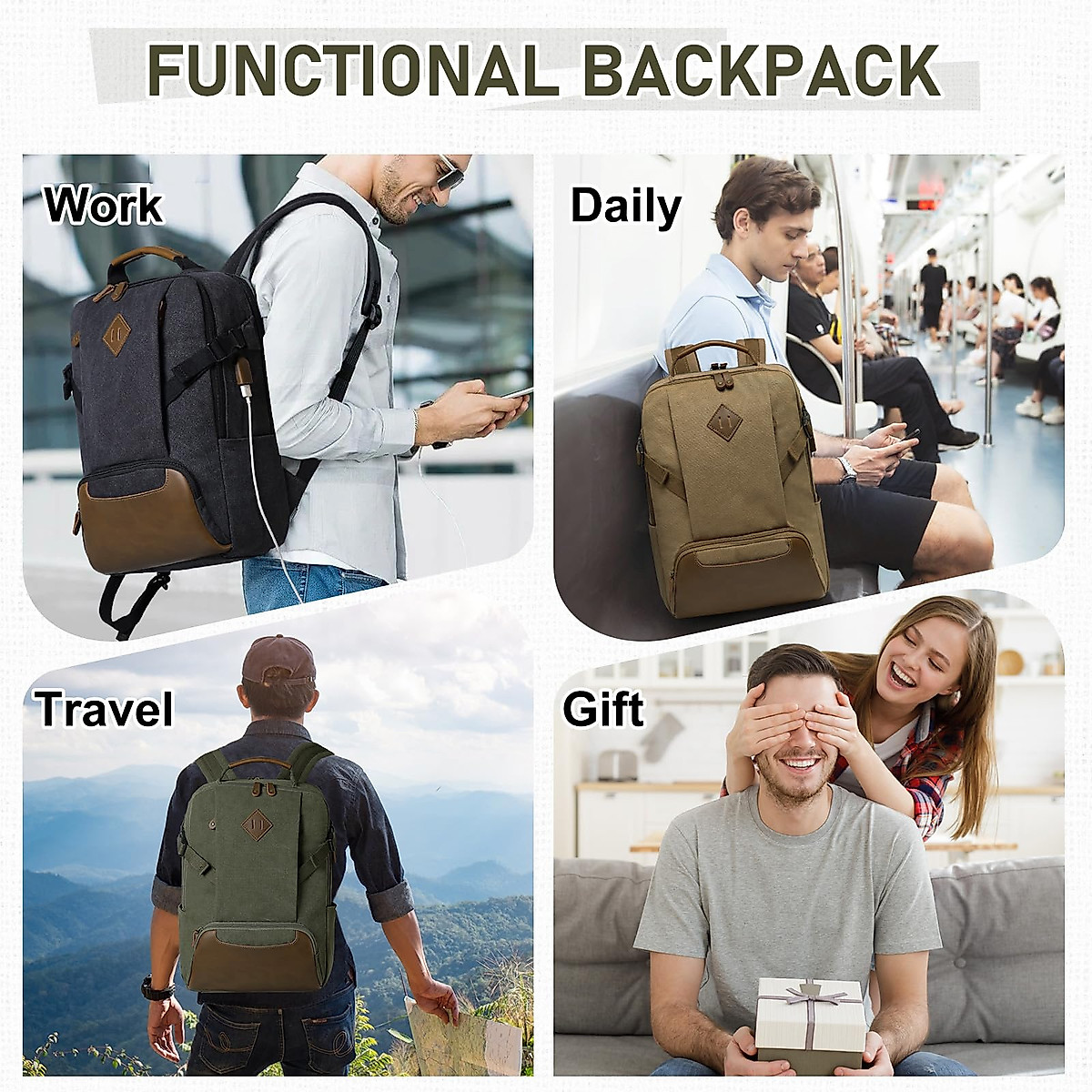 Kasqo Laptop Backpack 15.6 Inch Canvas Waterproof Anti Theft Business Travel College School Computer Bookbag Carry on Bag with USB Charging Port for Women Men, Black