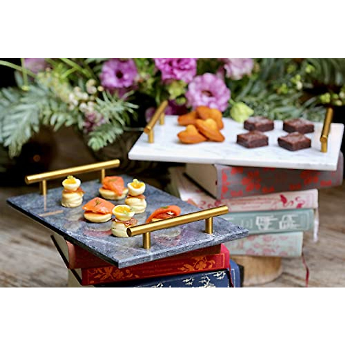 Star Dust x White Mist Natural Marble Vanity Tray with Gold Handles/Accents, Decorative Tray for Perfume Accessories, Countertop Decor for Bathroom & Kitchen; Pastry, Tapas & Dessert Serving Trays