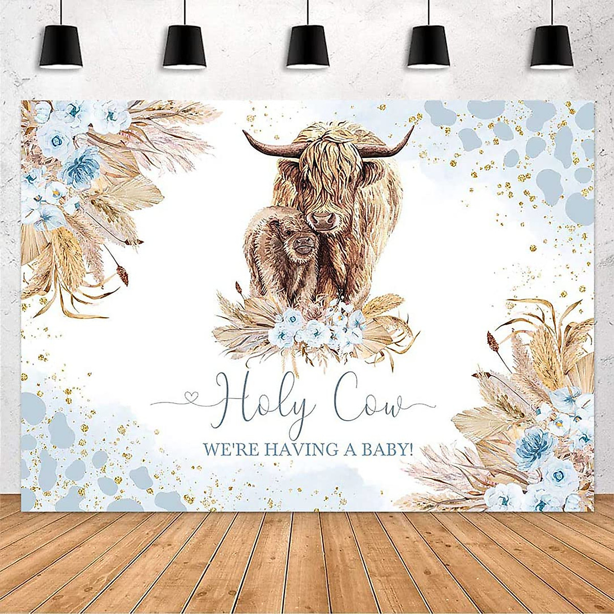 Avezano Highland Cow Baby Shower Backdrop for Boy Holy Cow Highland Cattle Baby Shower Party Decorations Blue We are Having A Baby Shower Party Background(7x5ft)
