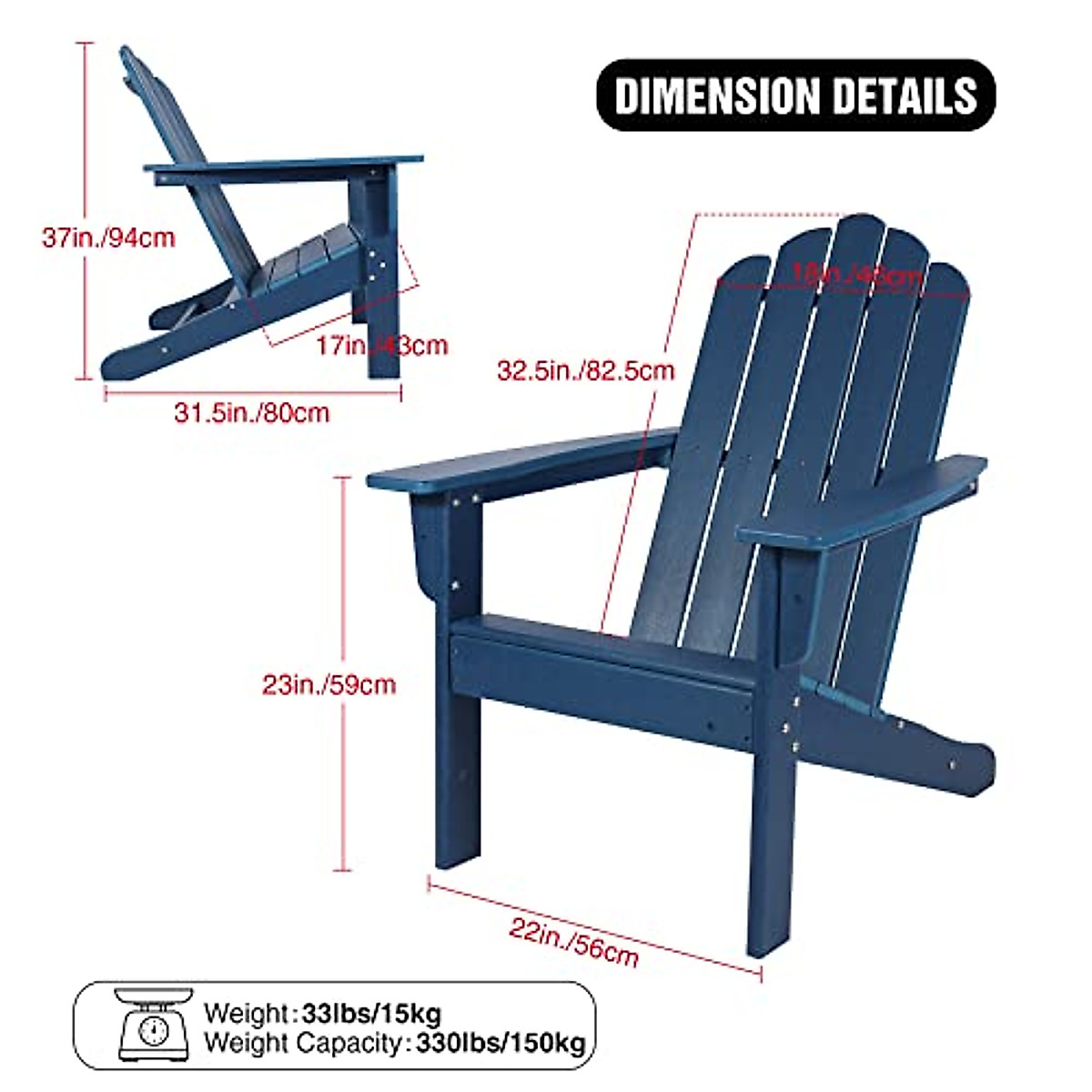 Piamomso Folding Plastic Adirondack Chair, All Weather Resistant Fire Pit Chair for Outside Patio Lawn Garden Backyard Deck, Blue
