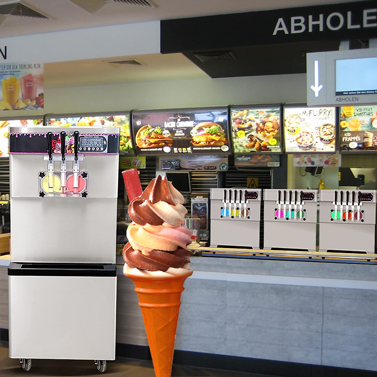 Kolice Commercial ETL 3 flavors soft ice cream machine,yogurt soft serve ice cream machine,ice cream machine-2+1 mixed flavors, full transparent dispenser,upper tanks refrigerated