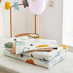 Joyreap 4 Piece Cotton Toddler Bedding Set for Kids Boys n Girls, Dinosaur Theme Cream White n Orange Reversible Design, Includes Quilted Comforter, Fitted Sheet, Top Sheet, and Pillow Case