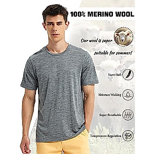 YUERD M&W 100% Merino Wool T-Shirt Mens Short Sleeve Merino Wool T Shirts for Men Grey