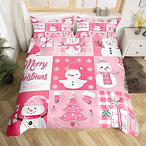 Xmas Duvet Cover Set Queen Size,Snowman Christmas Tree Snowflake Bedding Set for Kid Boys Girls Room Decor,Pink Plaid Comforter Cover 3Pcs,Merry Christmas Bedspreads Cover,2 Pillowcases(NO Comforter)