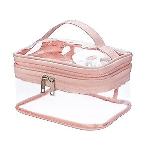 HAOGUAGUA Double Layer Clear Cosmetic Bag Makeup Bag, Waterproof Travel Toiletry Bag, Transparent PVC Hair & Nail Accessories Pouch Beach Bag Organizer (Pink)